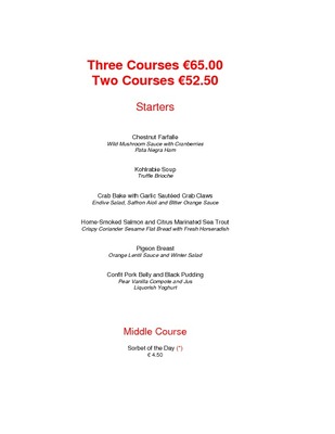 "La Cascade Restaurant at the Sheen Falls Lodge Hotel Dinner Menu, Wint ...