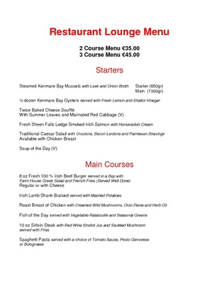 "Restaurant Lounge at the Sheen Falls Lodge Hotel, Dinner Menu, 2012 ...