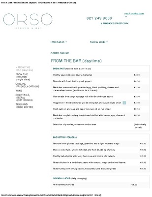 "Orso from the Bar Daytime Menu 2017" by Orso