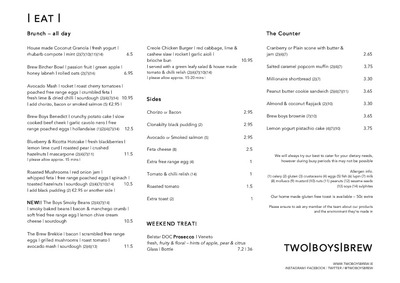 "Two Boys Brew Weekend Brunch Menu 2017" by Two Boys Brew