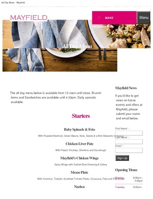 "Mayfield Restaurant All Day Menu 2017" by Mayfield Restaurant