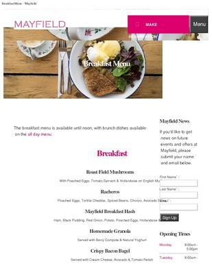 "Mayfield Restaurant Breakfast Menu 2017" by Mayfield Restaurant