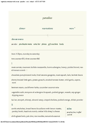 "Paradiso Restaurant Dinner Menu 2017" by Paradiso Restaurant