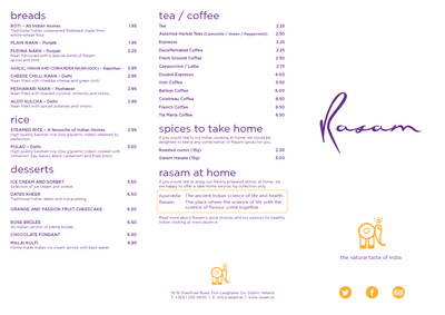 "Rasam Indian Restaurant Menu 2017" by Rasam Indian Restaurant