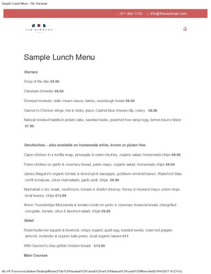 "The Oarsman Lunch Menu 2017" by The Oarsman