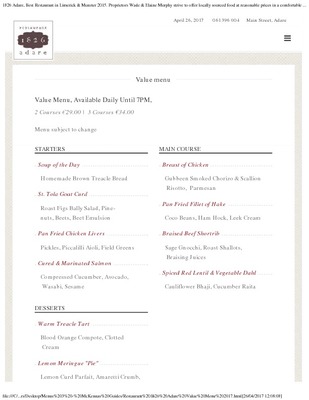 "Restaurant 1826 Adare Value Menu 2017" by Restaurant 1826
