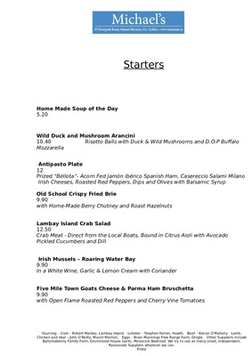 "Michael's Restaurant Menu 2020" by Michael's Restaurant